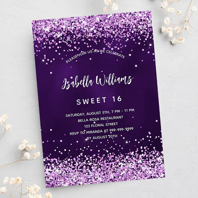 Sweet 16 purple pink glitter glamorous invitation postcard | Zazzle