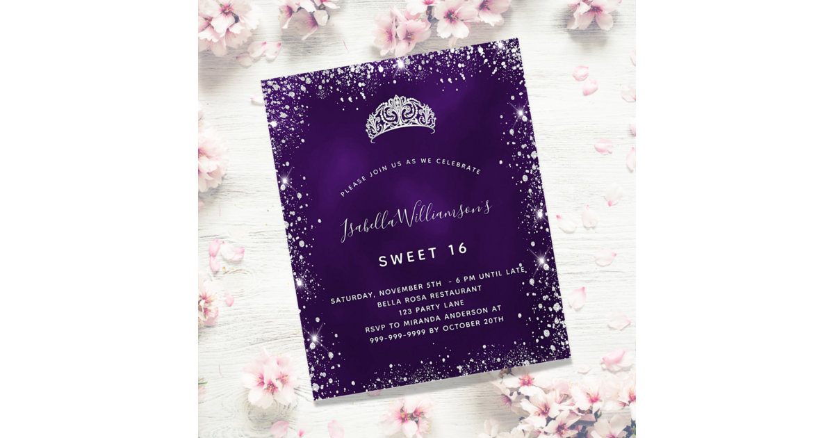 Sweet 16 purple silver glitter tiara invitation | Zazzle