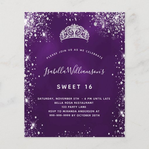 Sweet 16 purple silver glitter tiara invitation | Zazzle