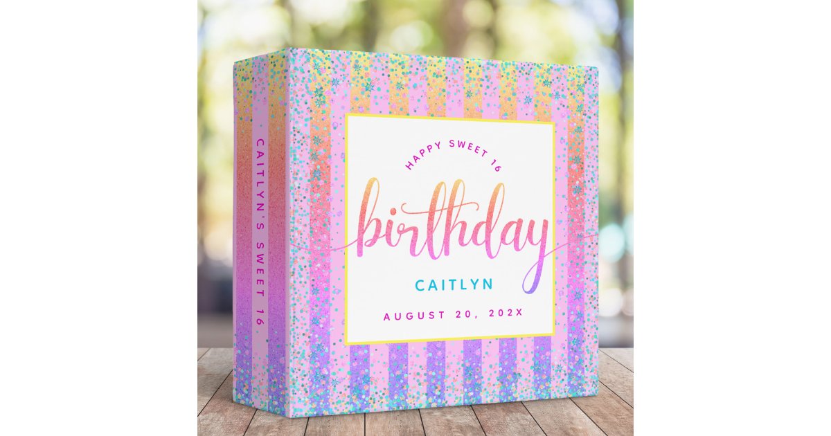 Sweet 16 rainbow ombre glitter & script keepsake 3 ring binder | Zazzle