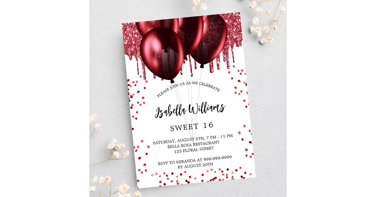 Sweet 16 red balloons white luxury invitation | Zazzle