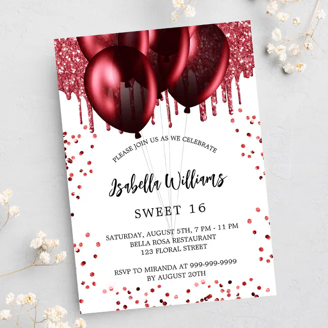 Sweet 16 red balloons white luxury invitation | Zazzle