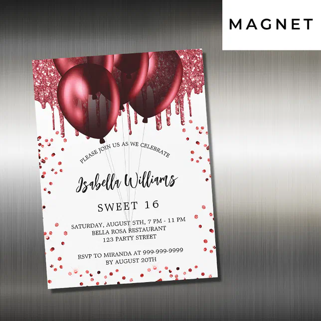 Sweet 16 red balloons white luxury magnetic invitation | Zazzle