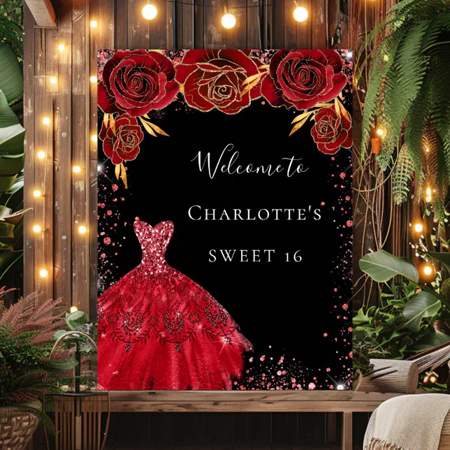 Sweet 16 red black dress florals welcome poster | Zazzle