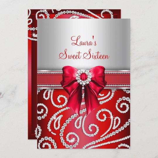 Sweet 16 Red Bow & Sparkle Diamond Announcements | Zazzle.com