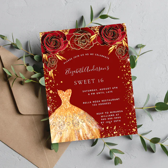 Sweet 16 red gold dress floral invitation | Zazzle