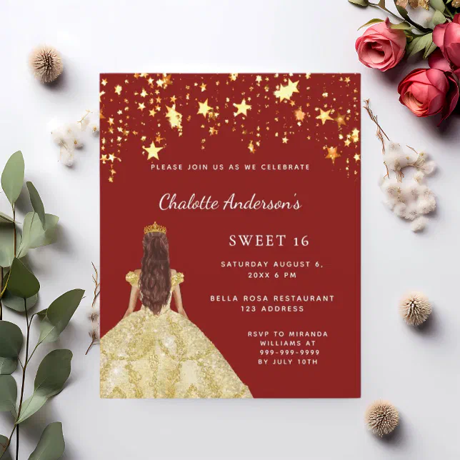 Sweet 16 red gold dress stars invitation | Zazzle