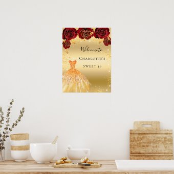 Sweet 16 red gold glitter dress floral welcome poster | Zazzle
