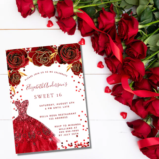 Sweet 16 red white dress glamorous invitation | Zazzle