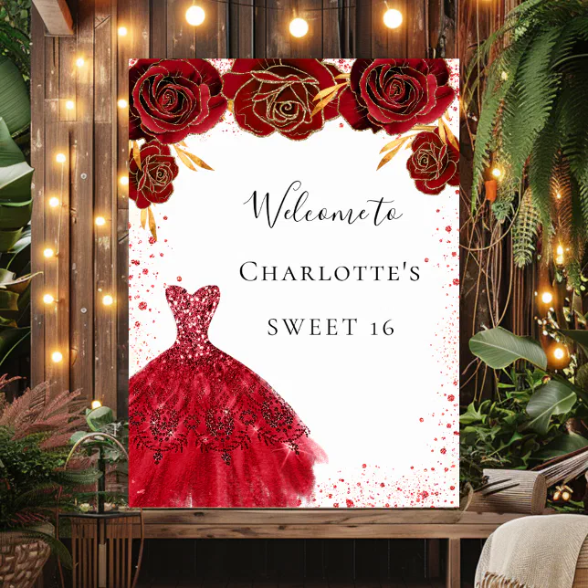 Sweet 16 red white glitter dress floral welcome poster | Zazzle