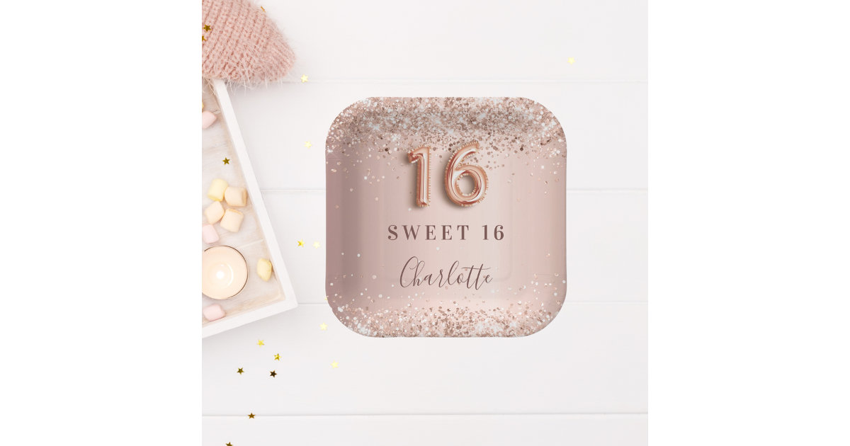 Sweet 16 rose gold blush glitter name elegant paper plates | Zazzle