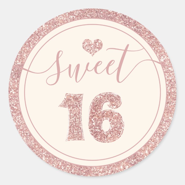 Sweet 16 Rose Gold Faux Glitter Heart Birthday Classic Round Sticker ...