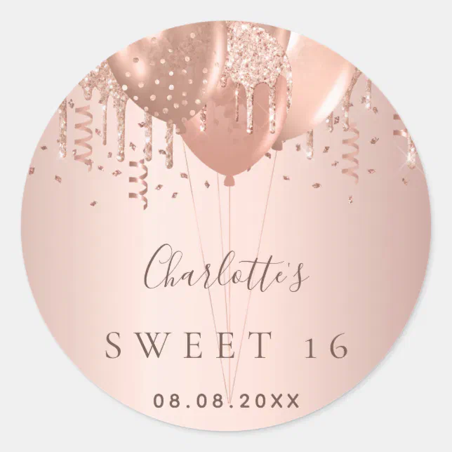 Sweet 16 rose gold glitter balloons monogram 16th classic round sticker ...