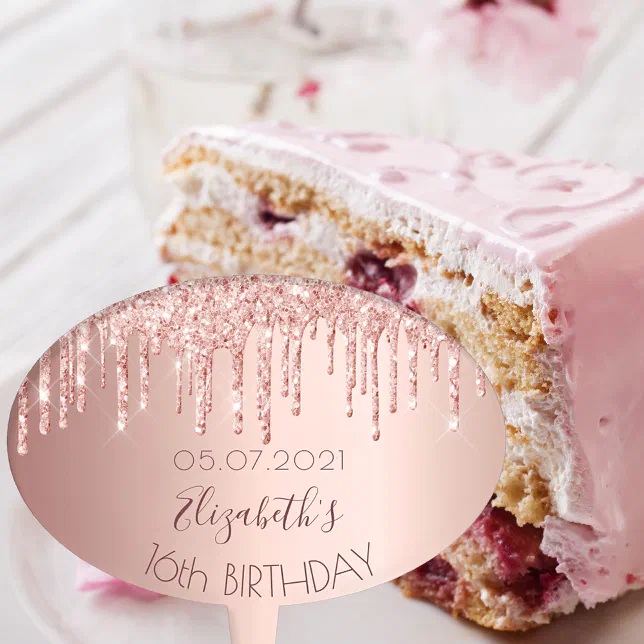 Sweet 16 rose gold glitter drips glam cake topper | Zazzle