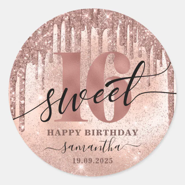 Sweet 16 Rose Gold Glitter & Foil Classic Round Sticker | Zazzle