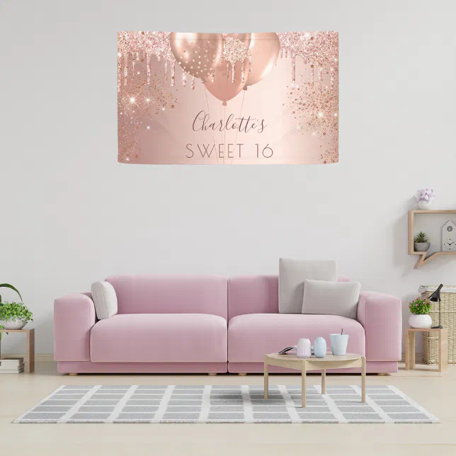 Sweet 16 rose gold glitter monogram birthday banner | Zazzle