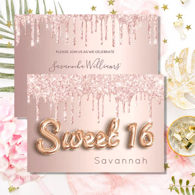 Sweet 16 Rose Gold Glitter Pink 16th Invitation Zazzle
