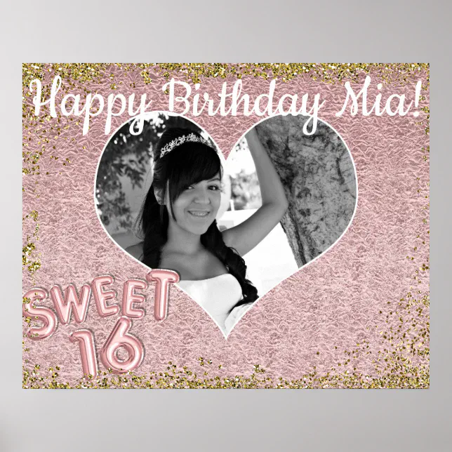 Sweet 16 Rose Gold Heart Photo Birthday Party Poster | Zazzle