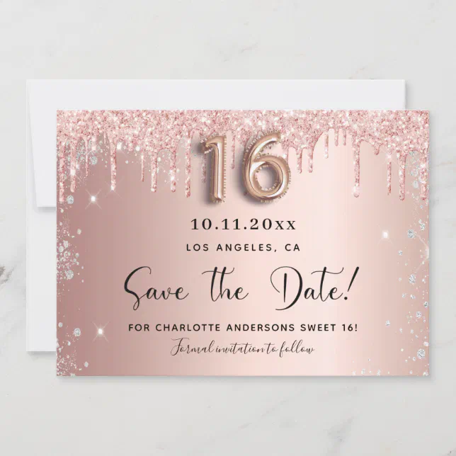 Sweet 16 rose gold silver glitter save the date | Zazzle