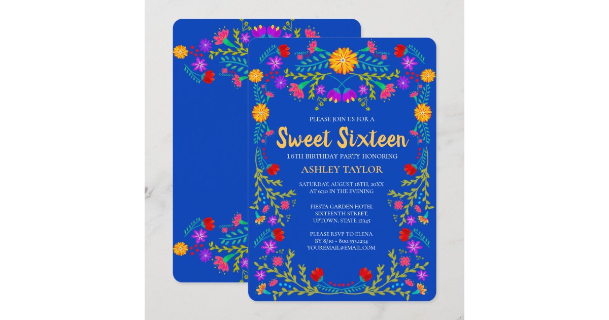 Sweet 16 Royal Blue Mexican Fiesta Floral Birthday Invitation | Zazzle