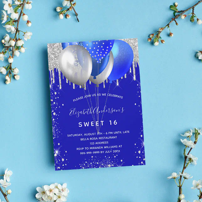 Sweet 16 royal blue silver glitter balloons invitation | Zazzle