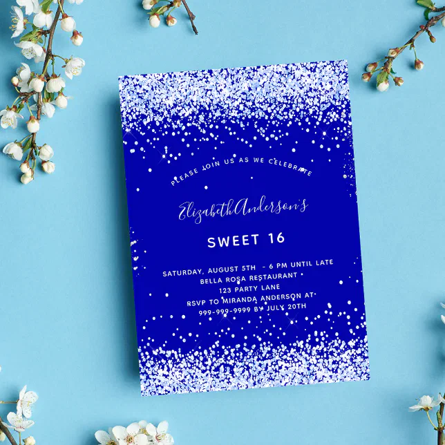 Sweet 16 royal blue white glamorous invitation | Zazzle