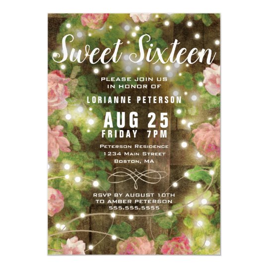 Sweet 16 Rustic Floral String Light Birthday Party Invitation | Zazzle.com