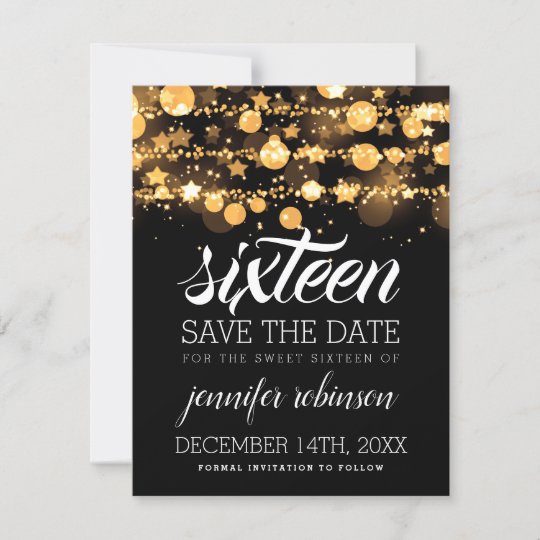 Sweet 16 Save Date Gold Sparkling Lights & Stars Save The Date | Zazzle.com