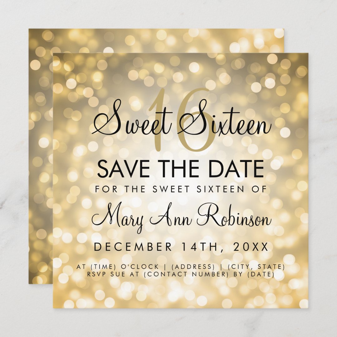 Sweet 16 Save The Date Gold Glitter Lights Invitation | Zazzle