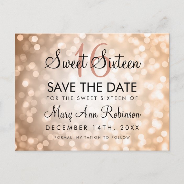 Sweet 16 Save The Date Rose Gold Glitter Lights Announcement Postcard ...