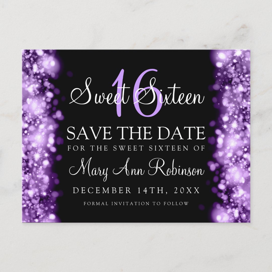 Sweet 16 "Save The Date" Sparkling Lights Purple Announcement Postcard ...