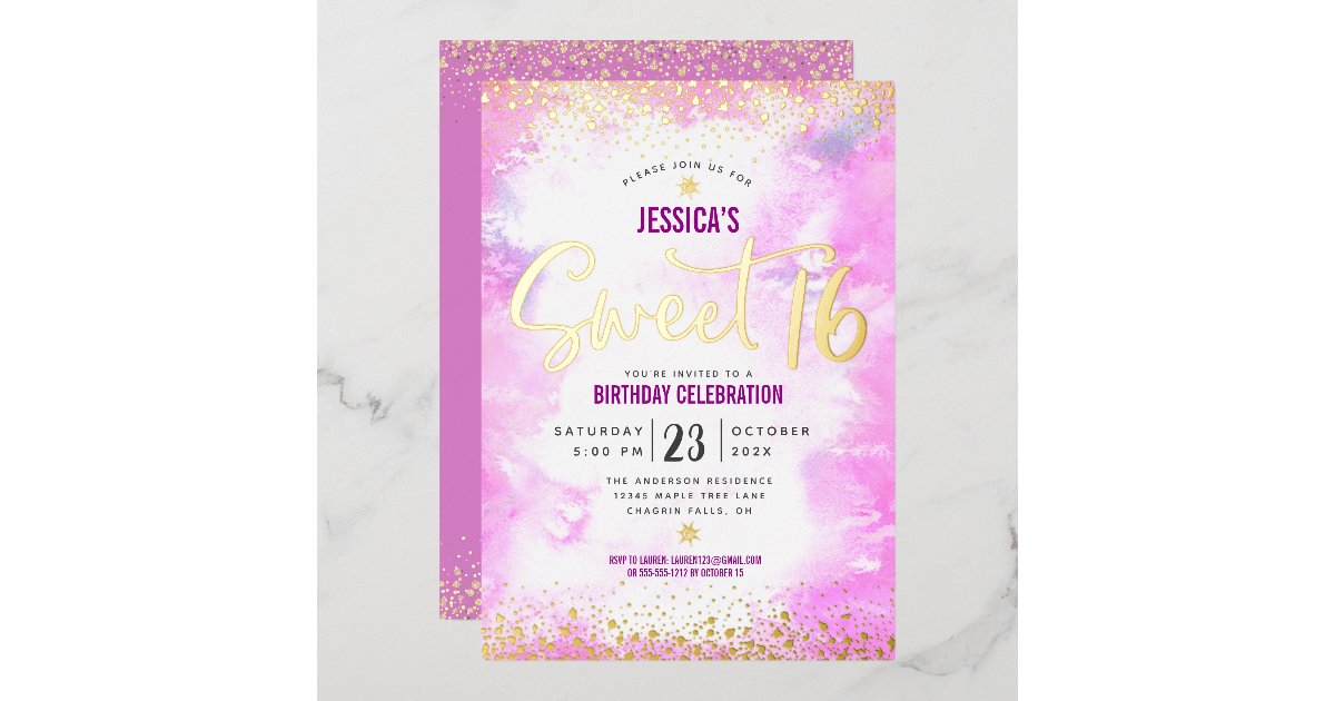 Sweet 16 Script Pink Watercolor Girly Real Gold Foil Invitation ...