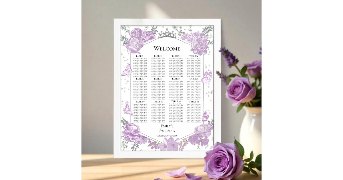 Sweet 16 Seating Chart Sign Lavender Butterflys | Zazzle