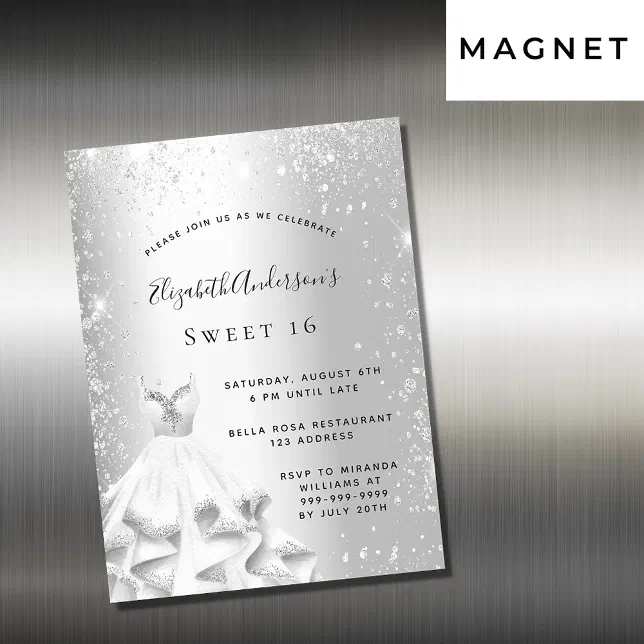 Sweet 16 silver dress glitter luxury invitation | Zazzle