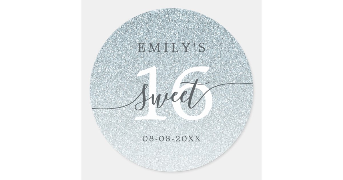 Sweet 16 Silver Glitter Ombre Custom Name Date Classic Round Sticker ...