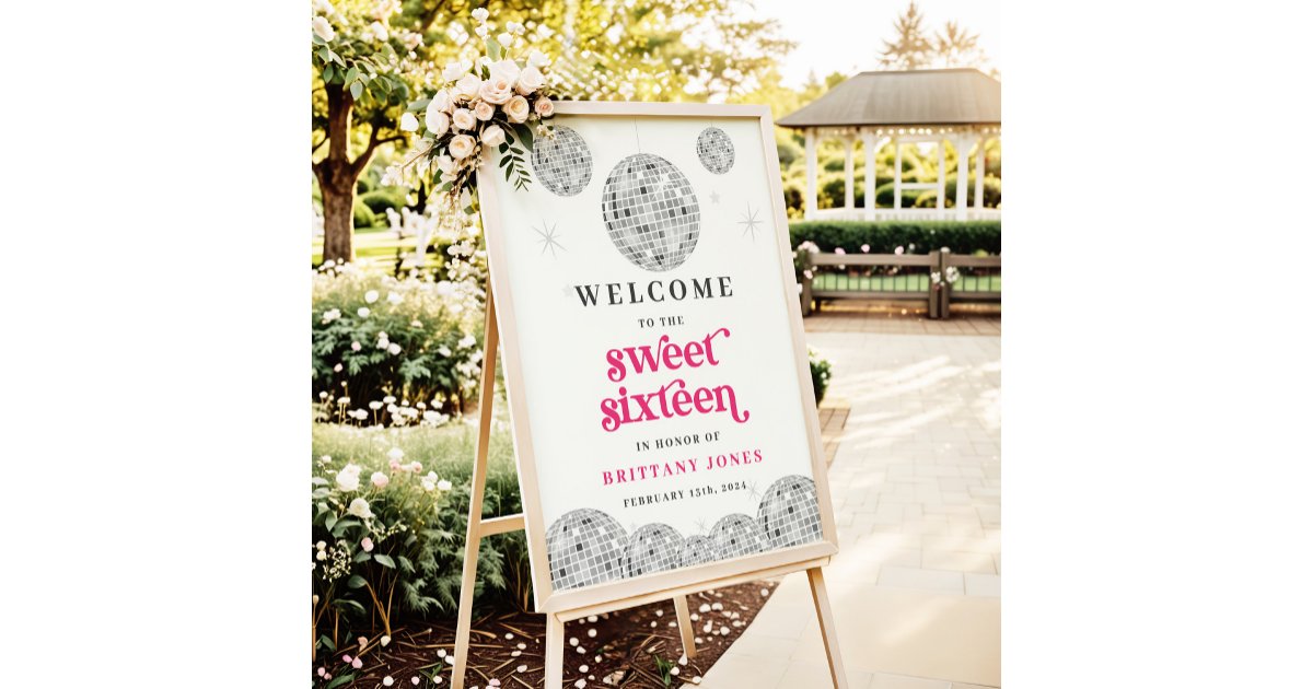 Sweet 16 Silver Retro Disco PINK Glitter welcome Poster | Zazzle