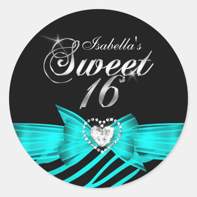 Sweet 16 Sixteen Aqua Black Zebra Custom Sticker | Zazzle
