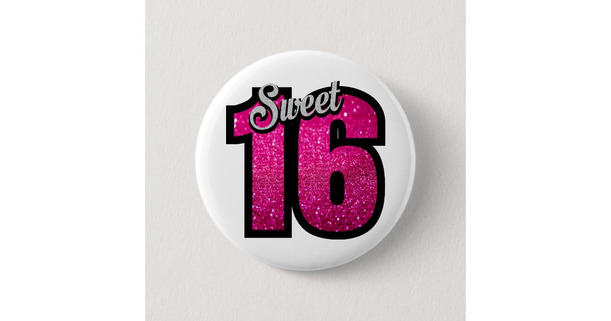 Sweet 16 sixteen pink glitter birthday party girl pinback button | Zazzle