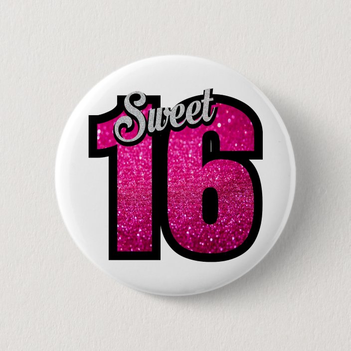 Sweet 16 sixteen pink glitter birthday party girl pinback button ...