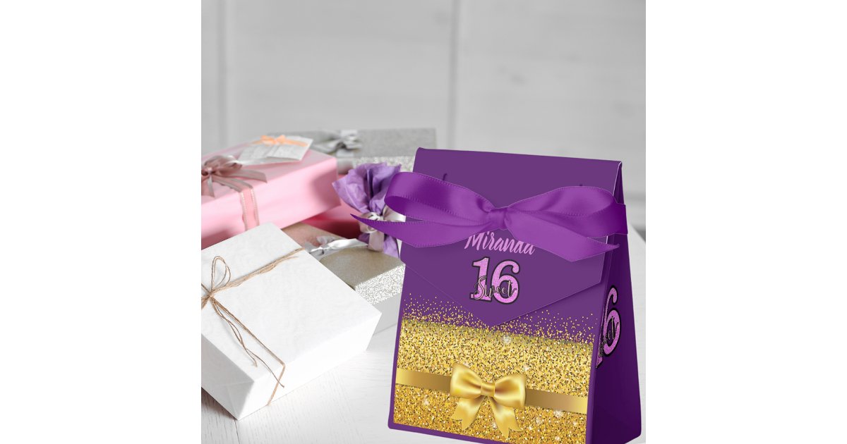 Sweet 16 sixteen purple gold name Thank You Favor Boxes | Zazzle