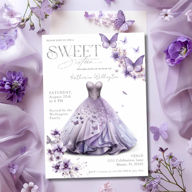 Sweet 16 Sixteen Purple Lilac Floral Butterflies Invitation | Zazzle