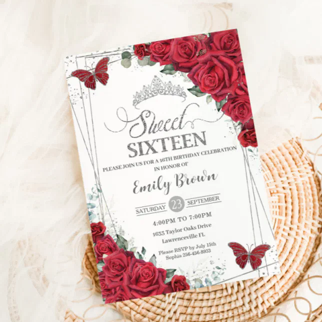 Sweet 16 Sixteen Silver Red Roses Butterflies Invitation | Zazzle