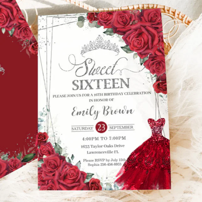 Sweet 16 Sixteen Silver Red Roses Floral Dress Invitation | Zazzle