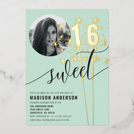 Sweet 16 Sparklers Mint Green Dots Birthday Party Foil Invitation | Zazzle
