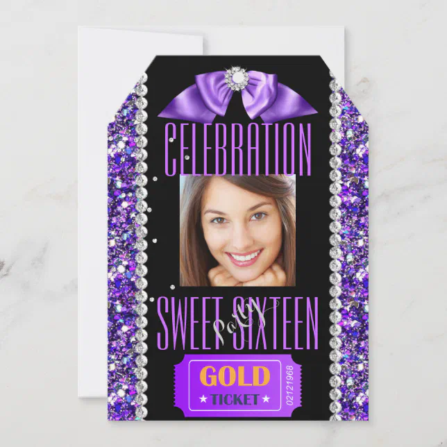Sweet 16 Sweet Sixteen Ticket Purple Glitter Photo Invitation | Zazzle