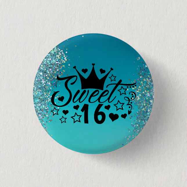 Sweet 16 Teal Glitter Sparkle Birthday Button | Zazzle