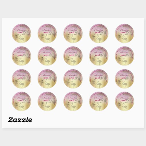 Sweet 16 Thank You Flamingo Pink and Gold Classic Round Sticker | Zazzle