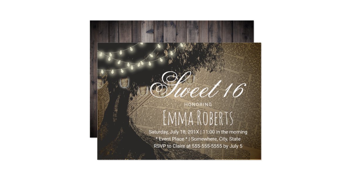 Sweet 16 Vintage Tree String Lights Old Page Invitation | Zazzle.com