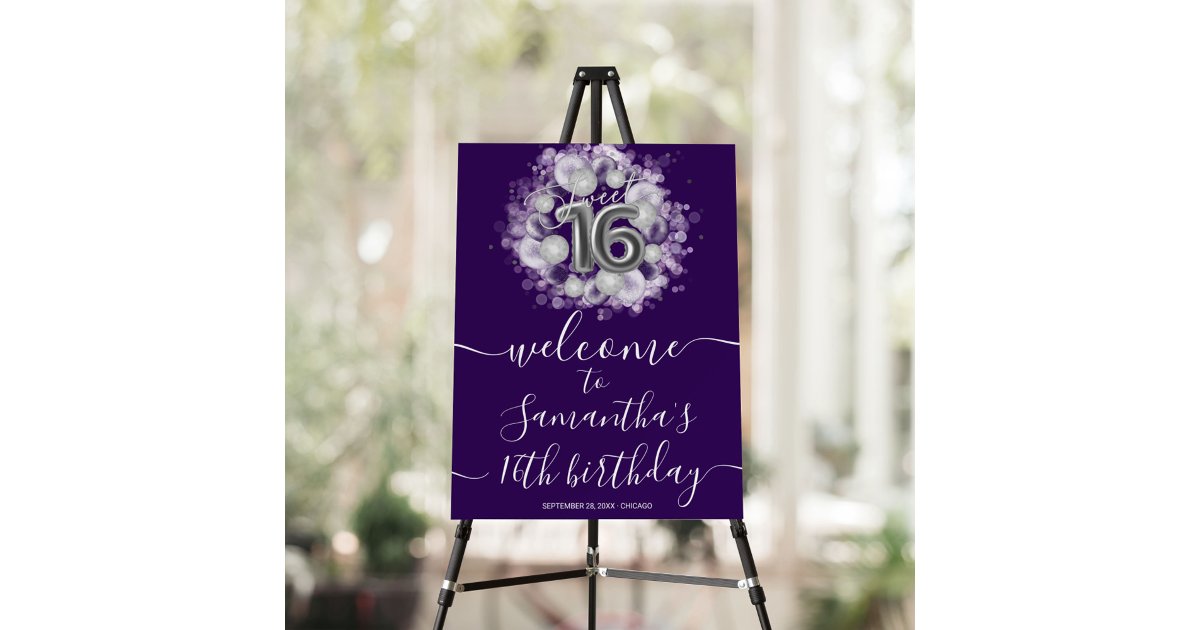 Sweet 16 Welcome Sign - Silver Purple | Zazzle