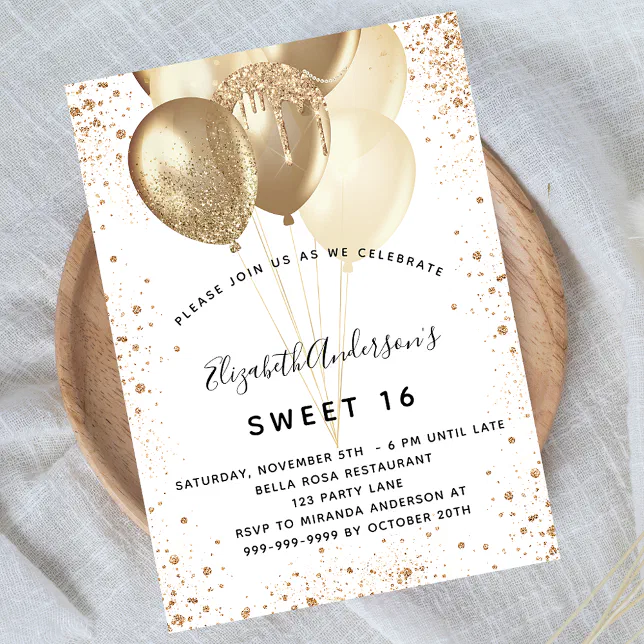 Sweet 16 white gold glitter balloons invitation postcard | Zazzle